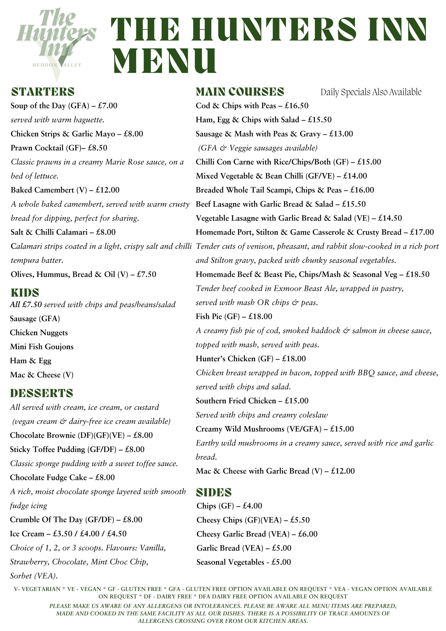 Menu - Hunters Inn